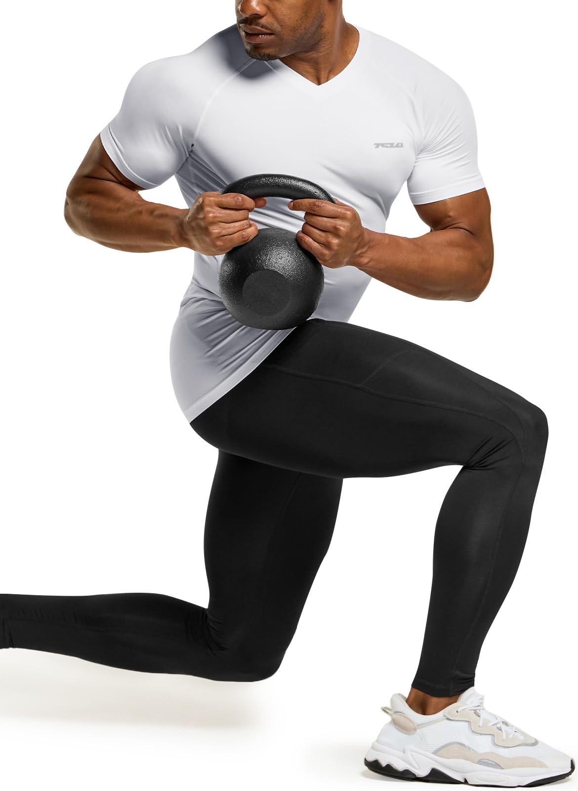 TSLA Men's Tactical Cool Dry Short Sleeve Compression Shirts, Athletic Workout Shirt, Active Outdoor Base Layer T-Shirts, V Neck Shirt White, Large
