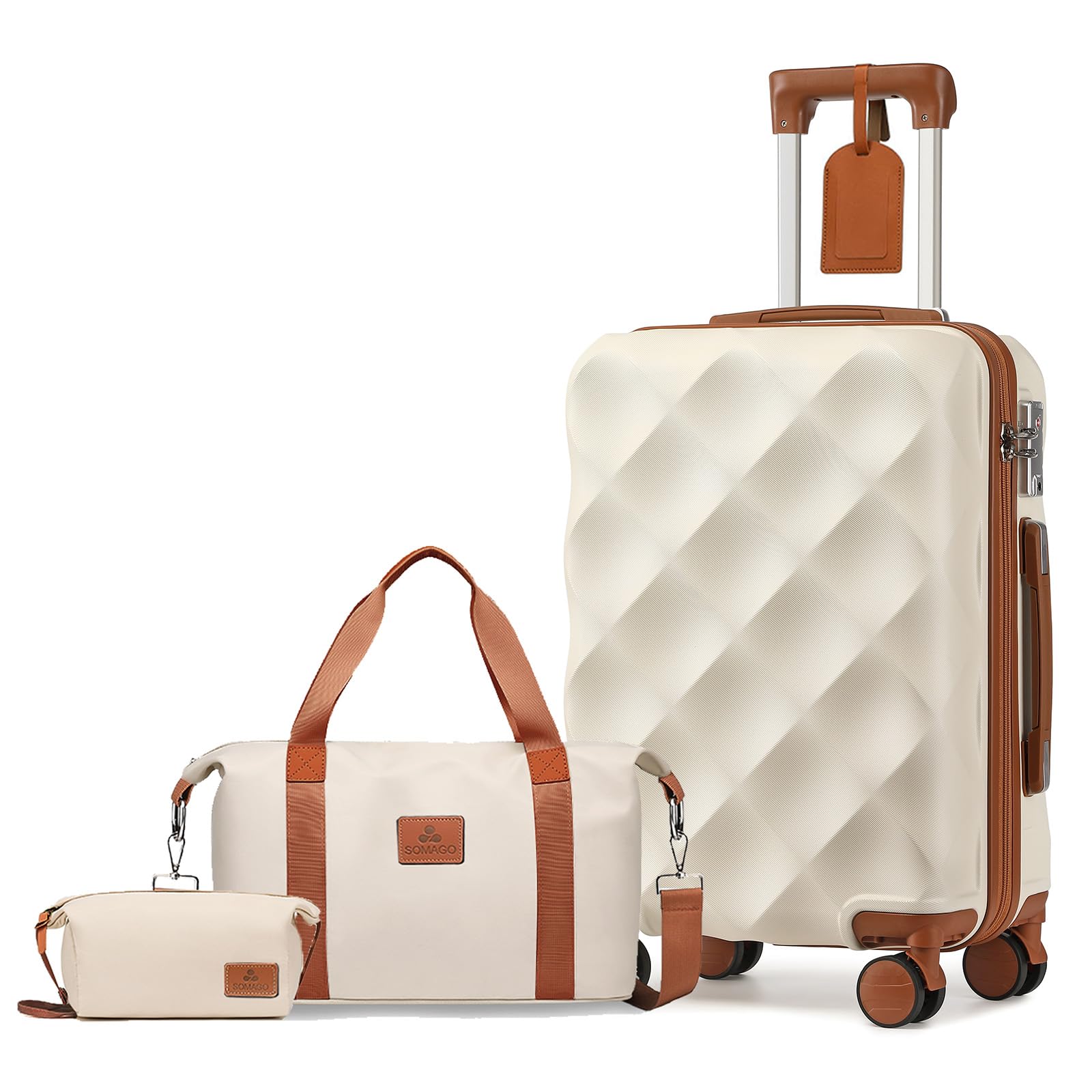 Somago 20 inch Carry On Luggage with Weekender Overnight Bag ABS Hardside Spinner Suitcase Built-In TSA Lock YKK ZipperďźBeige