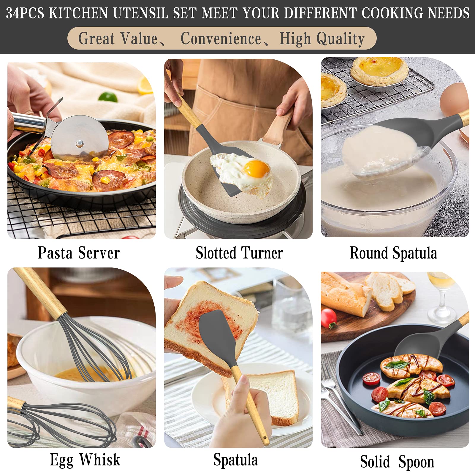 Silicone Cooking Kitchen Utensil Set, Umite Chef 34pcs Heat Resistant Kitchen Utensils with Holder, Kitchen Spatula Set with Wooden Handle, Kitchen Gadget Tools for Nonstick cookware-Grey(BPA Free)