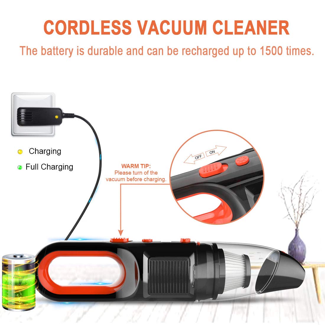 ZesGood Handheld Vacuum Cordless, 7000PA Powerful Suction with Rechargeable Hand Held Vacuum Cleaner 120W Cyclonic Motor, for Home and Car Cleaning