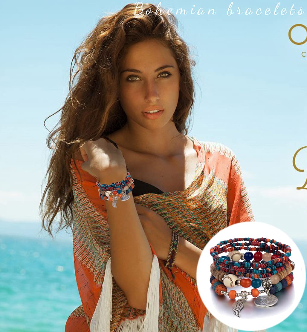 WAINIS 9 Pack Bohemian Stackable Bead Bracelets for Women Elephant Tree of Life Wings Boho Stretch Multilayered Bracelet Set Multicolor Jewelry Bulk