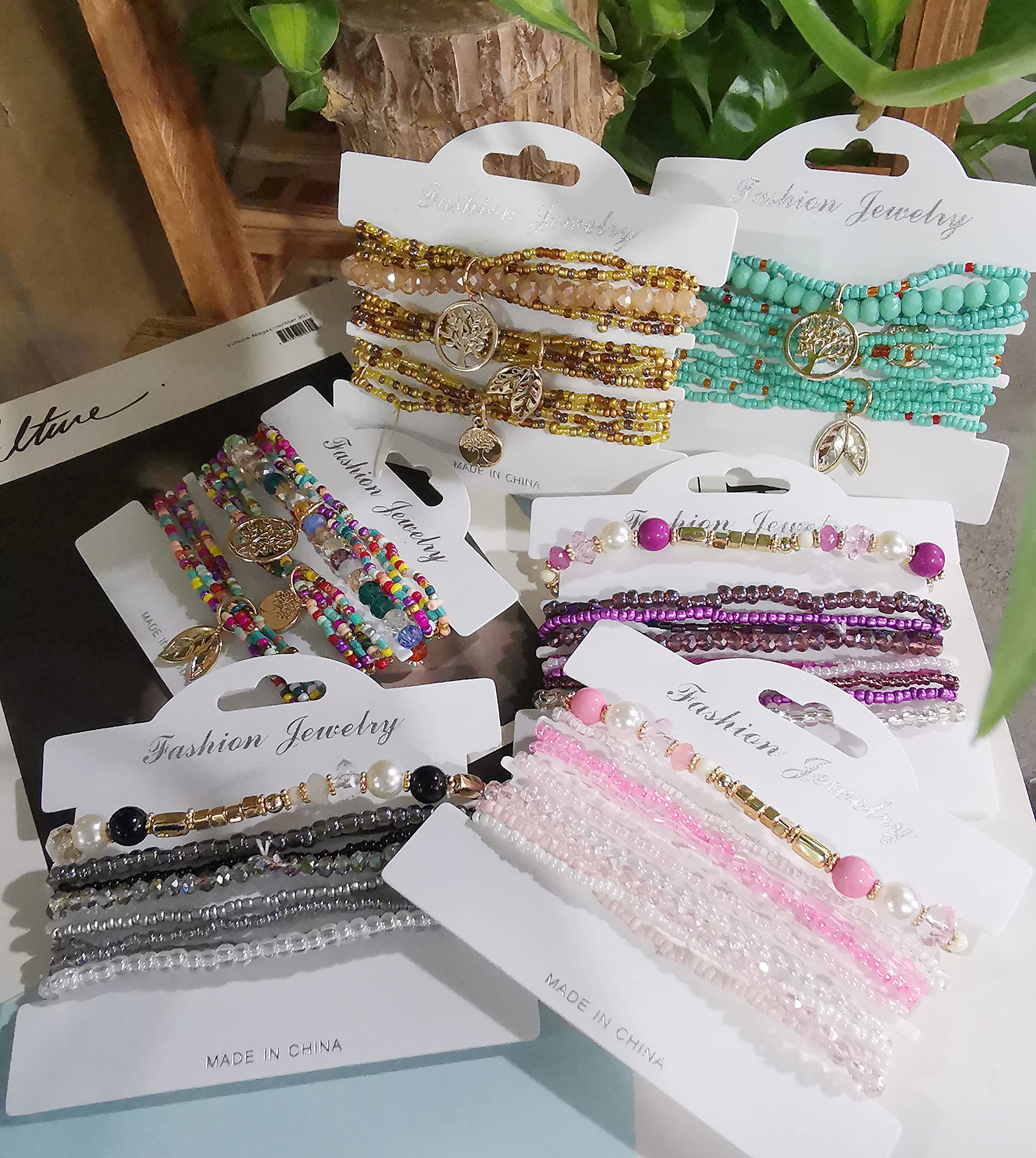 WAINIS 9 Sets Bohemian Stackable Bead Bracelets for Women Stretch Multilayered Bracelet Set Multicolor Jewelry