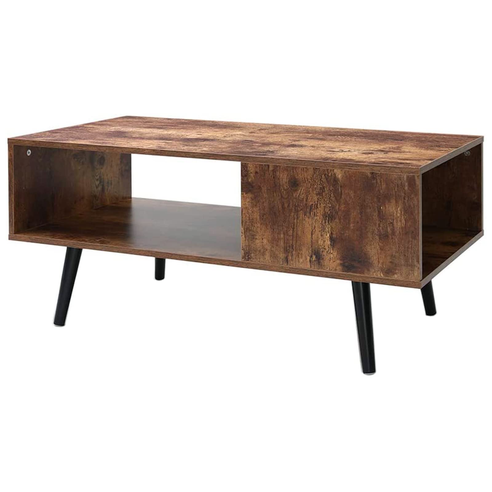 usikey Wooden Coffee Table, Mid-Century Coffee Table with Storage Open Shelf, Accent Cocktail Table for Living Room, Reception, Rustic Brown
