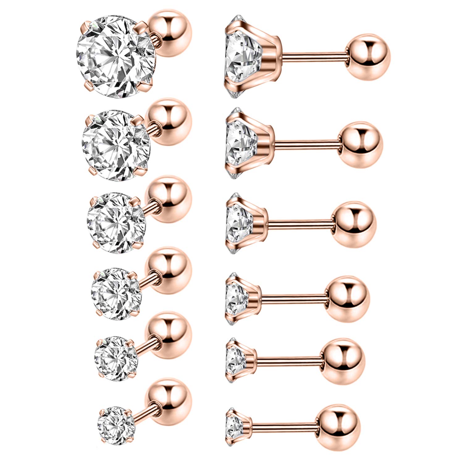ZS 6 Pairs Shiny Round Cubic Zirconia Surgical Steel Stud Earrings Tragus Helix Conch Piercing Cartilage Sets (6 Pairs.3-8mm Cubic(Rose-gold,Ball Back))