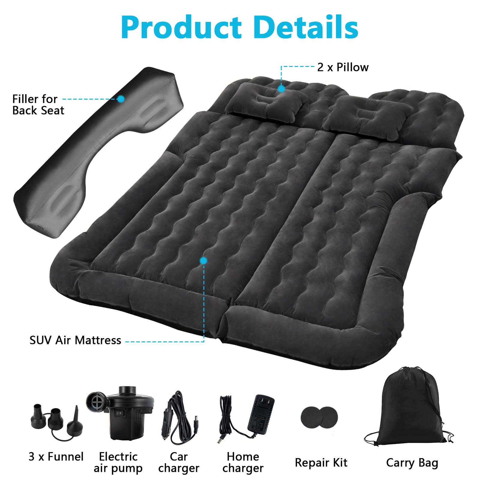 SUV RV Air Mattress Car Bed Camping Cushion Pillow - Inflatable Thickened Car Air Bed with Electric Air Pump Flocking Surface Portable Sleeping Pad for Travel Camping Minivan Van Trunk