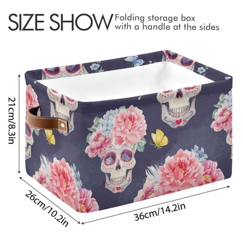 Skull Peony Flowers Storage Basket Bins Foldable Toy Baskets Organization with Handles Laundry Hamper for Living Room Clothes Nursery Closet Shelf Playroom,2 pcs