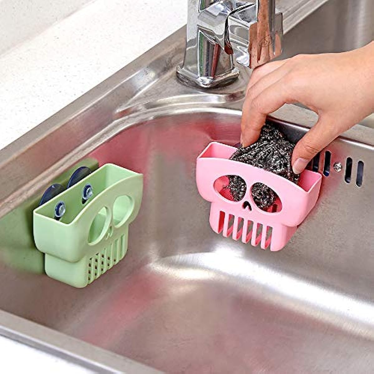 Skull Shape Sponge Holder Drain Rack for Kitchen Sink Suction Cup Plastic Brush Caddy Storage Box Shelf Liquid Creative Drainer (Gray)