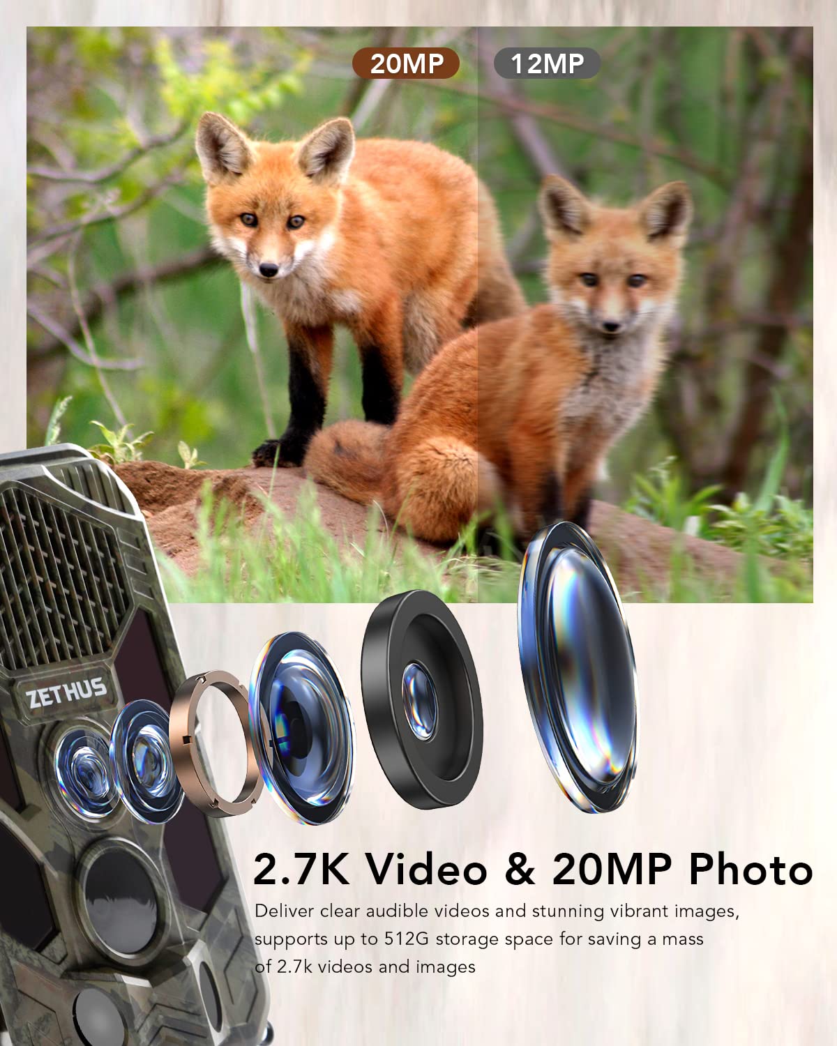 ZETHUS 2.7K 20MP Trail Camera, Game Camera with Night Vision 0.2s Trigger Time 120° 100ft Motion Activated, IP66 Waterproof Hunting Camera 2.8”LCD Screen and Rechargeable Power for Wildlife Monitoring