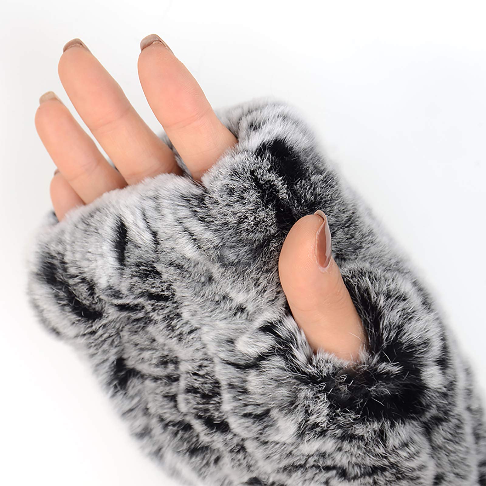 Valpeak Womens Rabbit Fur Winter Mittens Knitted Fingerless Gloves(Snowtop Black)