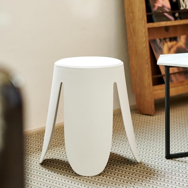 Roomnhome】 Stackable PS Stool Set of 4, 17.3’'(W) X 17.3’’(D) X 18.11’’(H) Indoor/Outdoor, Pastel Toned Midcentury Modern Stool (White)