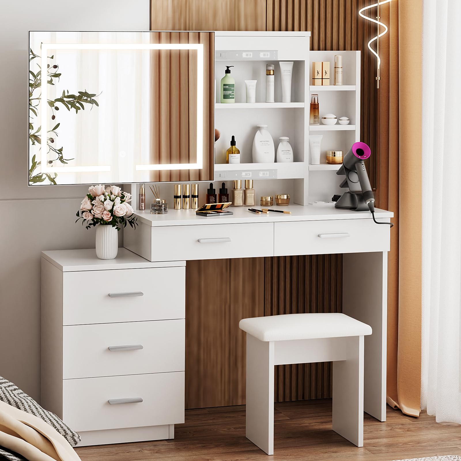 SMOOL 47" Large Vanity with Sliding Lighted Mirror, Makeup Vanity Desk with Power Outlet, 3 Color Lighting Modes Adjustable Brightness, Vanity Table Set with Movable 3-Drawer Chest and Shelves, White