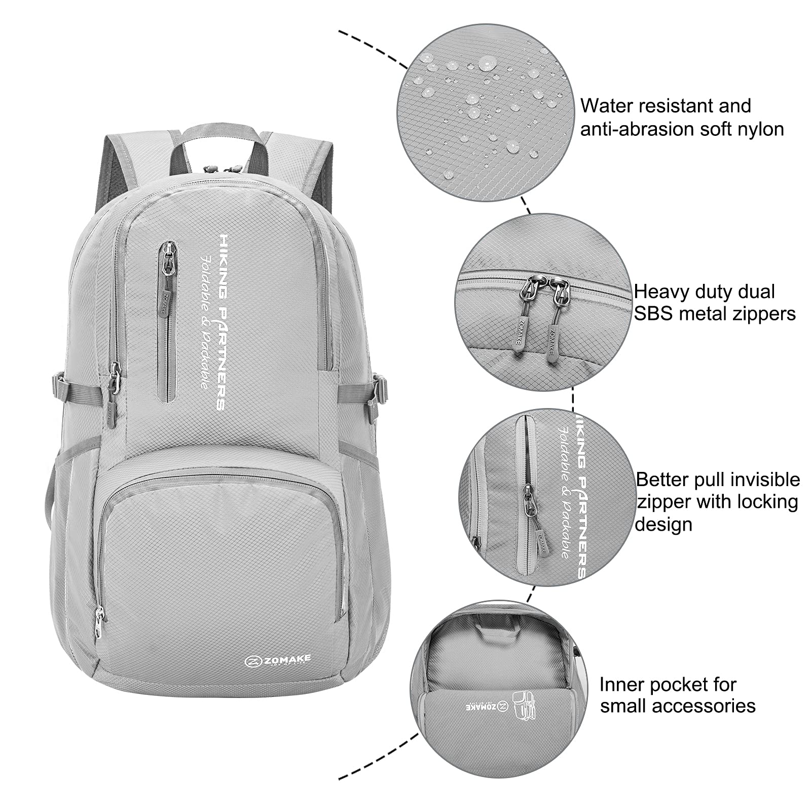 ZOMAKE Lightweight Packable Backpack - 35L Light Foldable Hiking Backpacks Water Resistant Collapsible Daypack for Travel(Sliver Grey)
