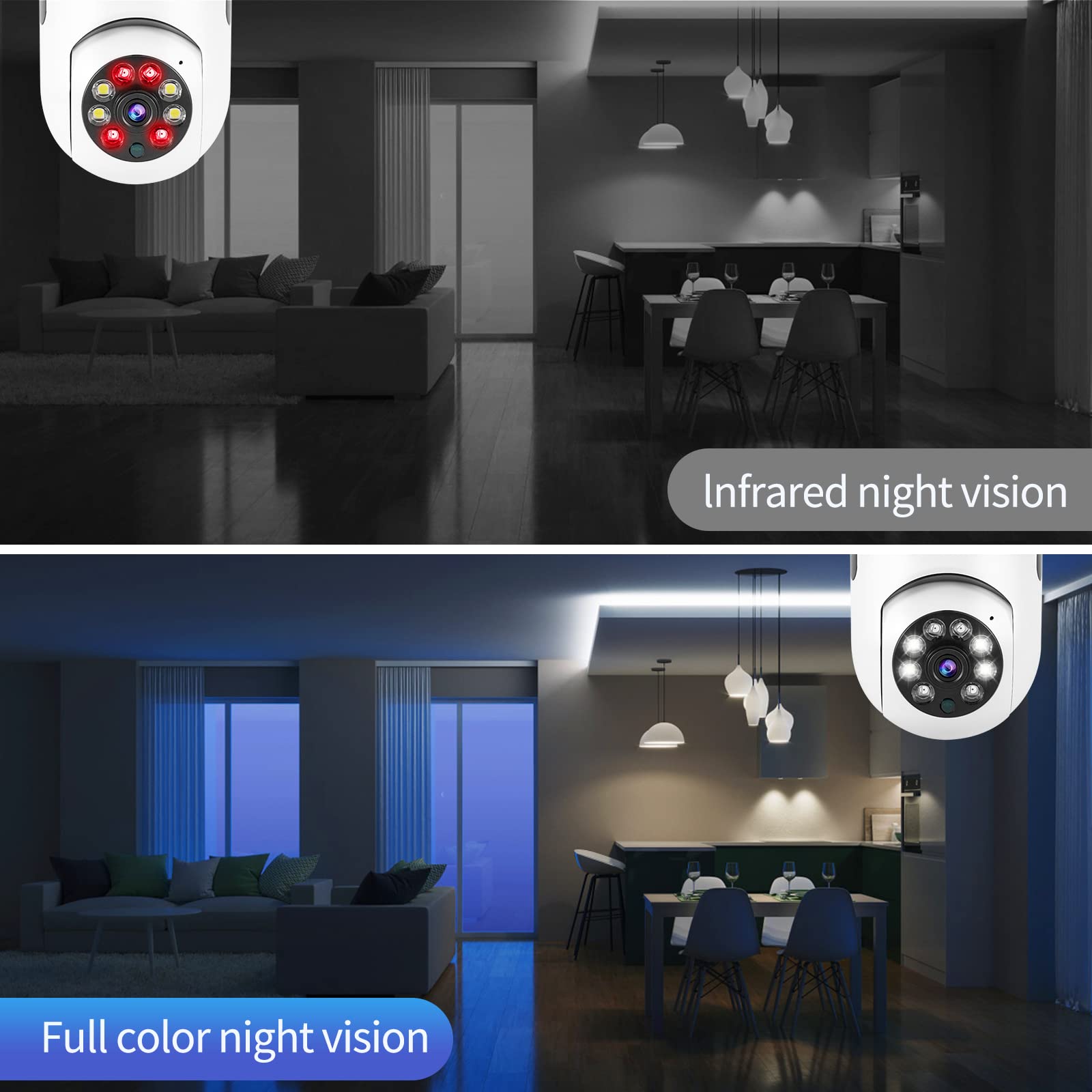 WAKADO Wireless Light Bulb Security Camera 1080P 360 Degree Pan Tilt Wireless Floodlight Night Vision with Floodlight Human Motion Detection and Alarm(2packs