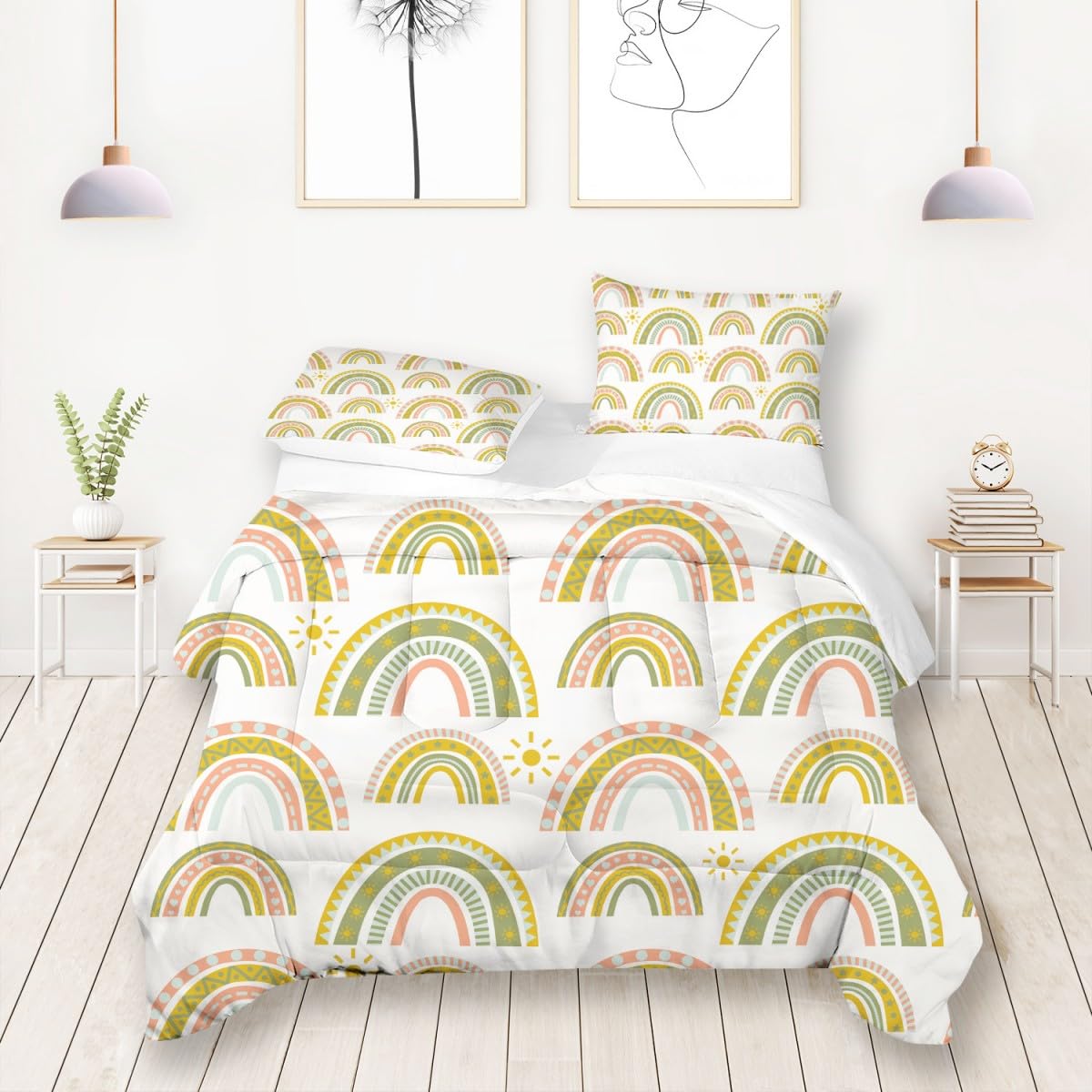 TBUEKLI Queen Rainbow Beding Set Colorful Rainbow Print Comforter Set for Kids Boys Girls Children Nursery Cute Cartoon Sun Down Alternative Duvet Insert Soft Decor Bedroom Collection 3Pcs