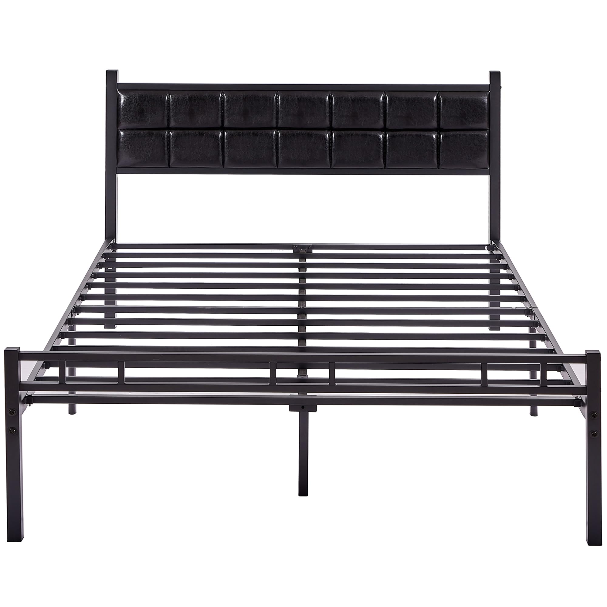 VECELO Queen Size Metal Bed Frame with Faux Leather Headboard, Heavy-Duty Platform Beds, 12 inch Under-bed Storage, Steel Slats Support, No Boxing Spring Needed, PU Black