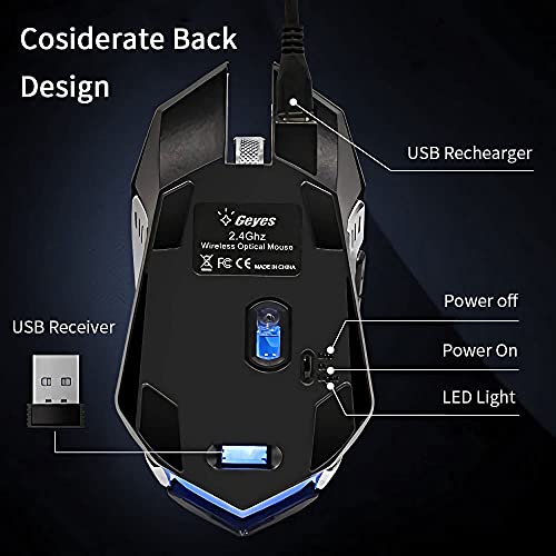 WFB Wireless Gaming Mouse Rechargeable Silent Click Optical Computer Mice with Nano Receiver,Changing Breathing Backlit, 3 Adjustable DPI Up to 2400 for Laptop,PC,MacBook etc (Updated Version,Black)