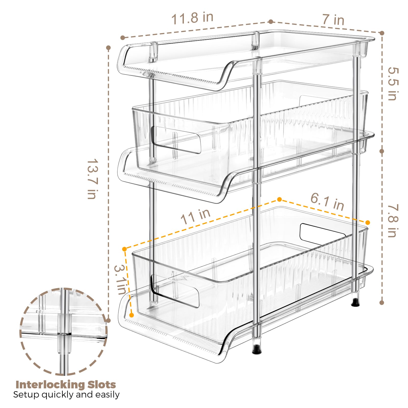 XINYA BAO 3 Tier Clear Bathroom Organizer, With Dividers, Multi-Purpose Pull-Out Pantry Organization and Storage, Under Sink Closet Organizers and Storage, Skincare Cosmetic Organizer Medicine Bins
