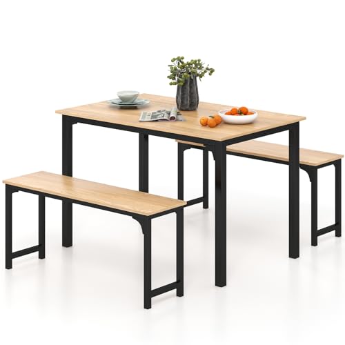 Tangkula Dining Table Set for 4, Solid Wood, Farmhouse Dinette Set w/Rubber Wood Legs, Modern Dining Table and Chairs Set for Kitchen, Dining Room (Natural)