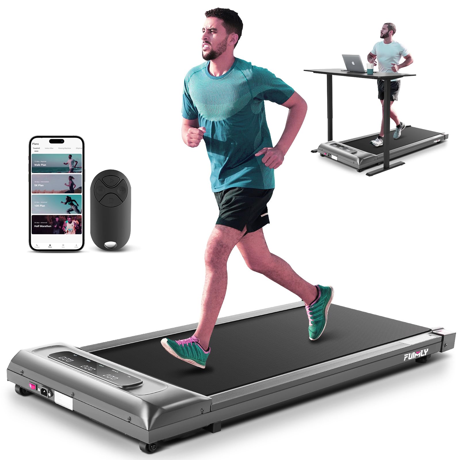 Walking Pad Treadmill 300 lb Capacity, Under Desk Treadmill Portable Treadmills for Home Office, 2.5 HP Quiet Desk Treadmill Works with Smart APP & Remote Control, LED Display, No Assembly Required