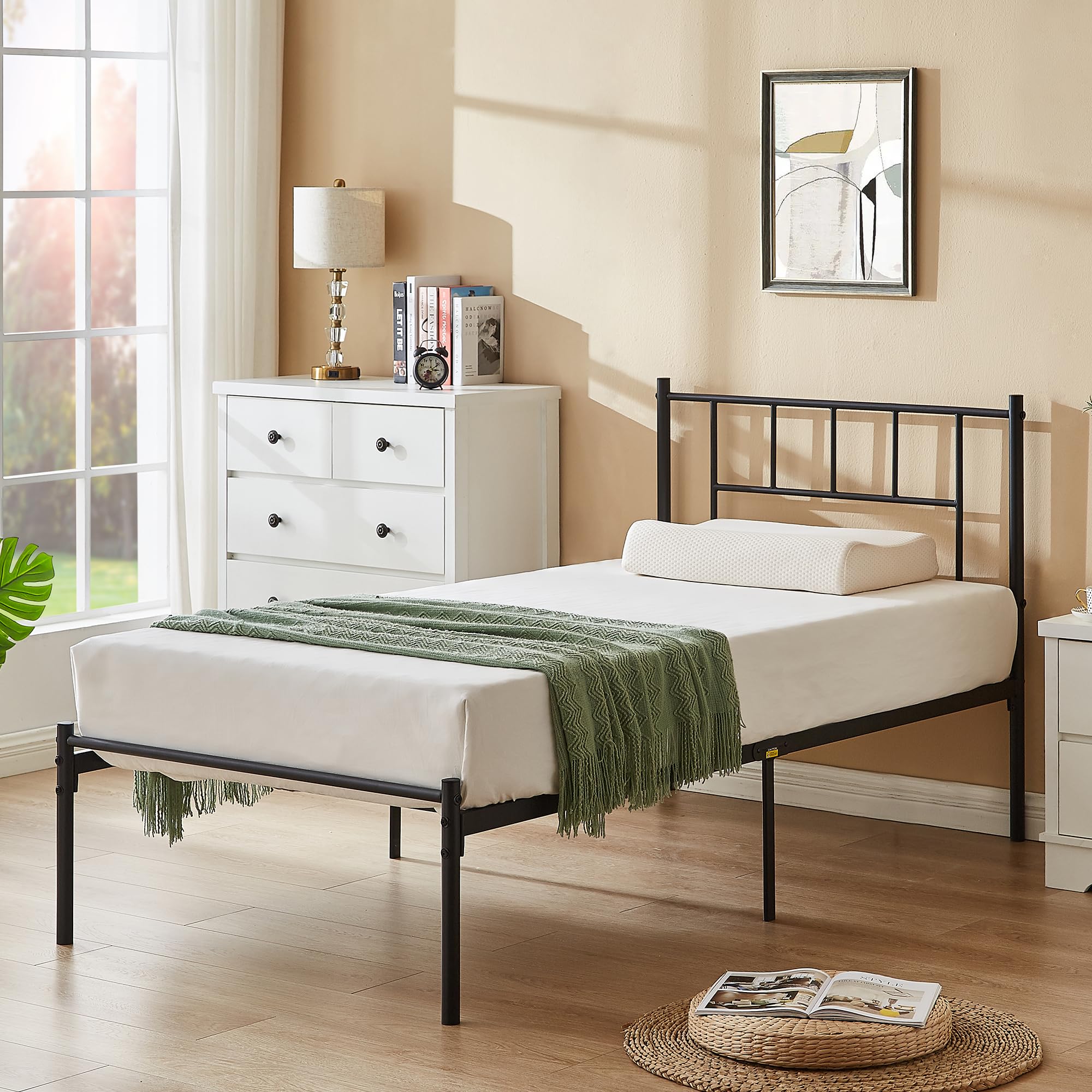 VECELO Twin Bed Frame, 14 Inch Metal Platform with Headboard, Heavy Duty Steel Slat Support, No Box Spring Needed, Easy Assembly