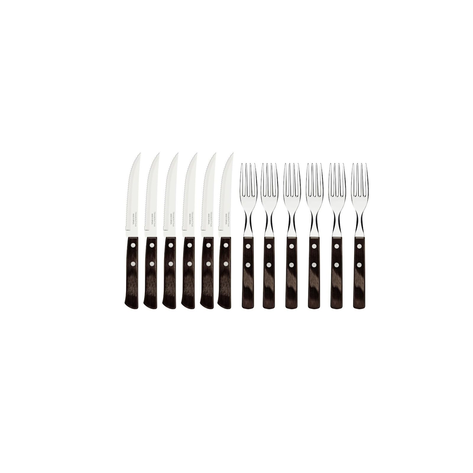 Tramontina Cutlery Set with Steak Knives, 12 Piece Sharp Knife and Fork Set with Wooden Handles, ‎Camping, Kitchen, Rustic, Dishwasher Safe, 29899199
