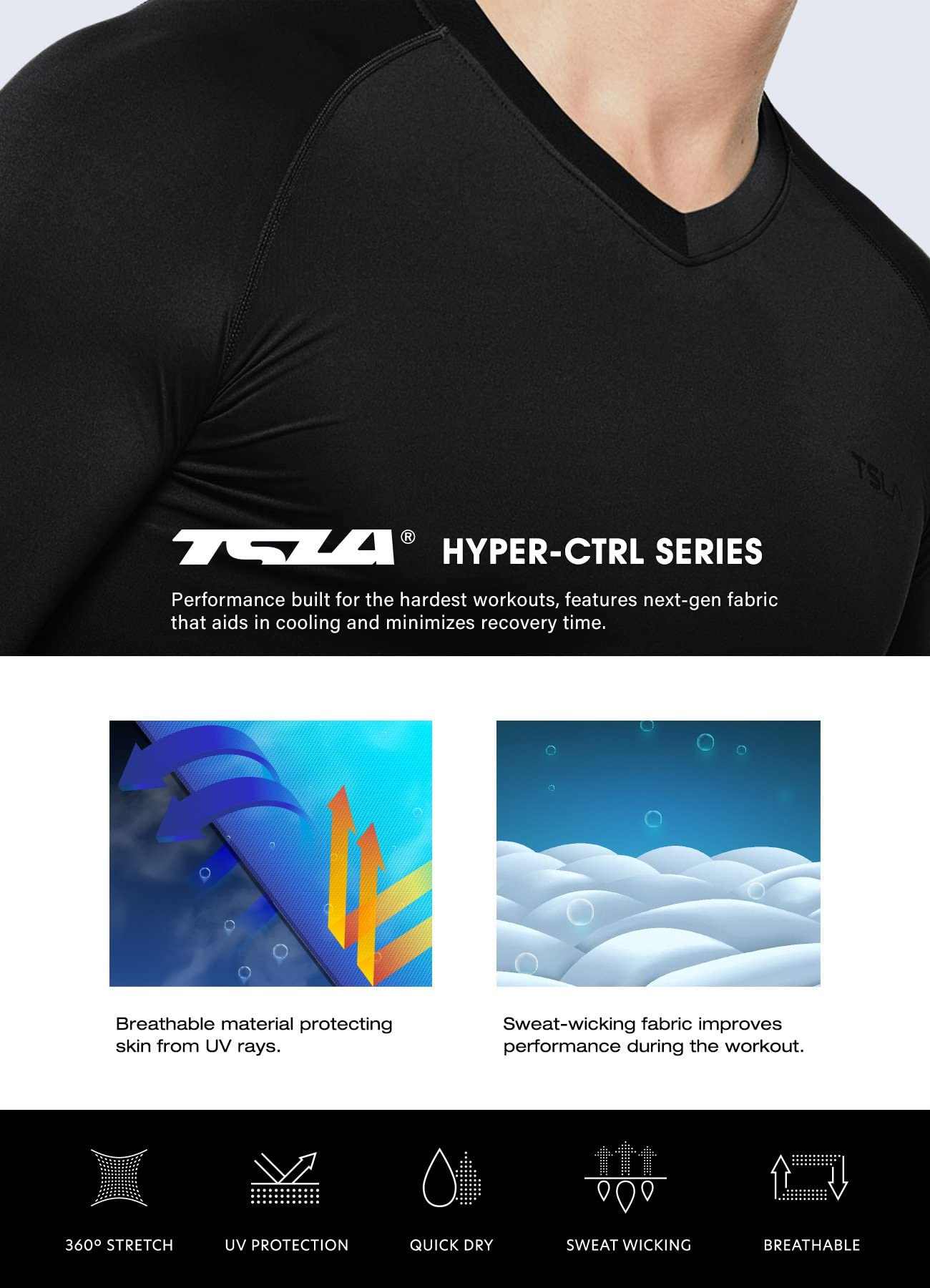 TSLA Men's Tactical V-Neck Long Sleeve Compression Shirts, Cool Dry Athletic Workout Shirt, Active Base Layer T-Shirts, V Neck Black, Medium