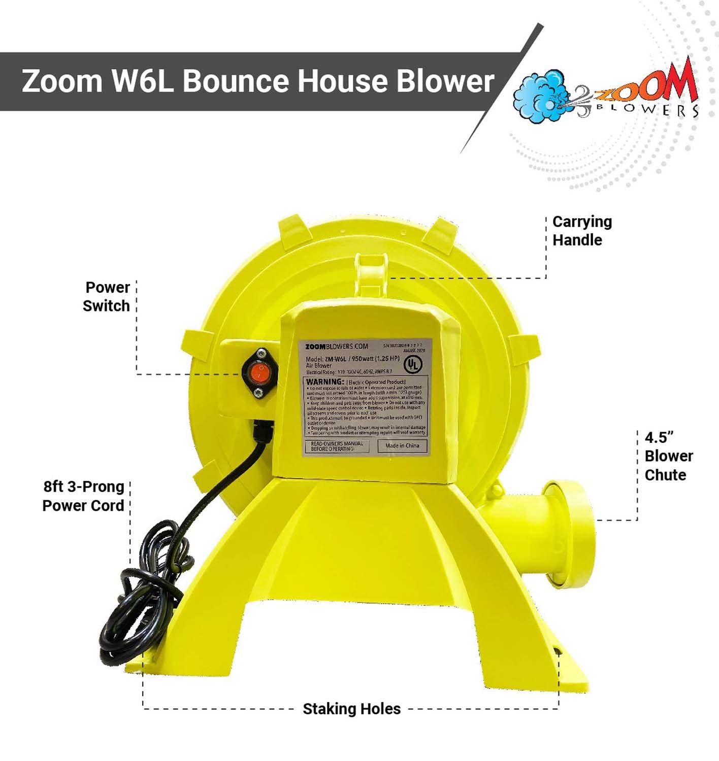Zoom Blowers Portable Air Pump for Inflatables - Energy Efficient High Power 950-Watt, 1.25 HP Compact Residential Air Blower for Bounce Houses, Slide Combos, Water Slides and Obstacle Course for Kids