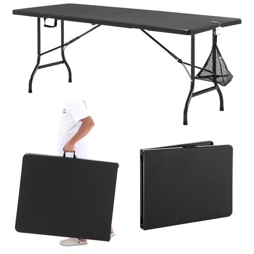 VECELO 6Ft Plastic Folding Table Heavy Duty Indoor Outdoor Portable Picnic Foldable Desk with Handle Mesh Trash Bag&Lock Legs for Camping, Dining&Party,Black
