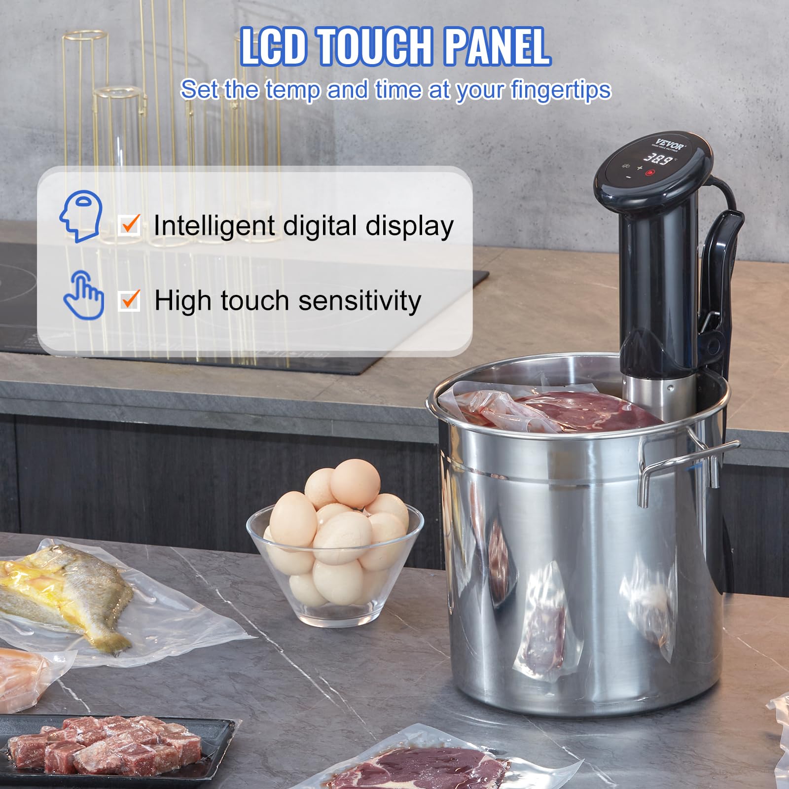 VEVOR Sous Vide Machine, 1200W Sous Vide Cooker, 30-95 °C Immersion Circulator, Temperature and Time Digital Display Control, IPX7 Waterproof, Fast Heating, Low Noise, Precision Cooking