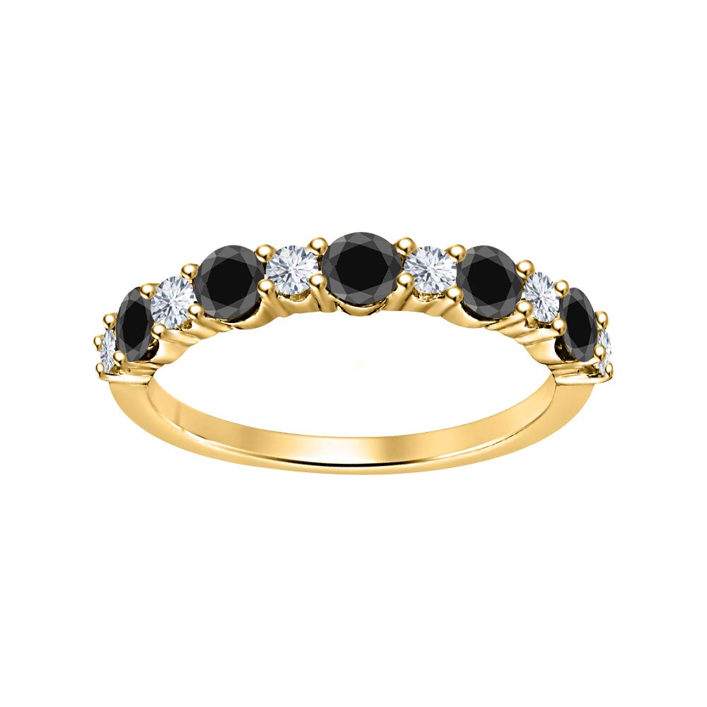tusakha Round Cut Black & White Diamond 14k Yellow Gold Over .925 Sterling Silver Half Eternity 11-Stone Wedding Band Ring For Women