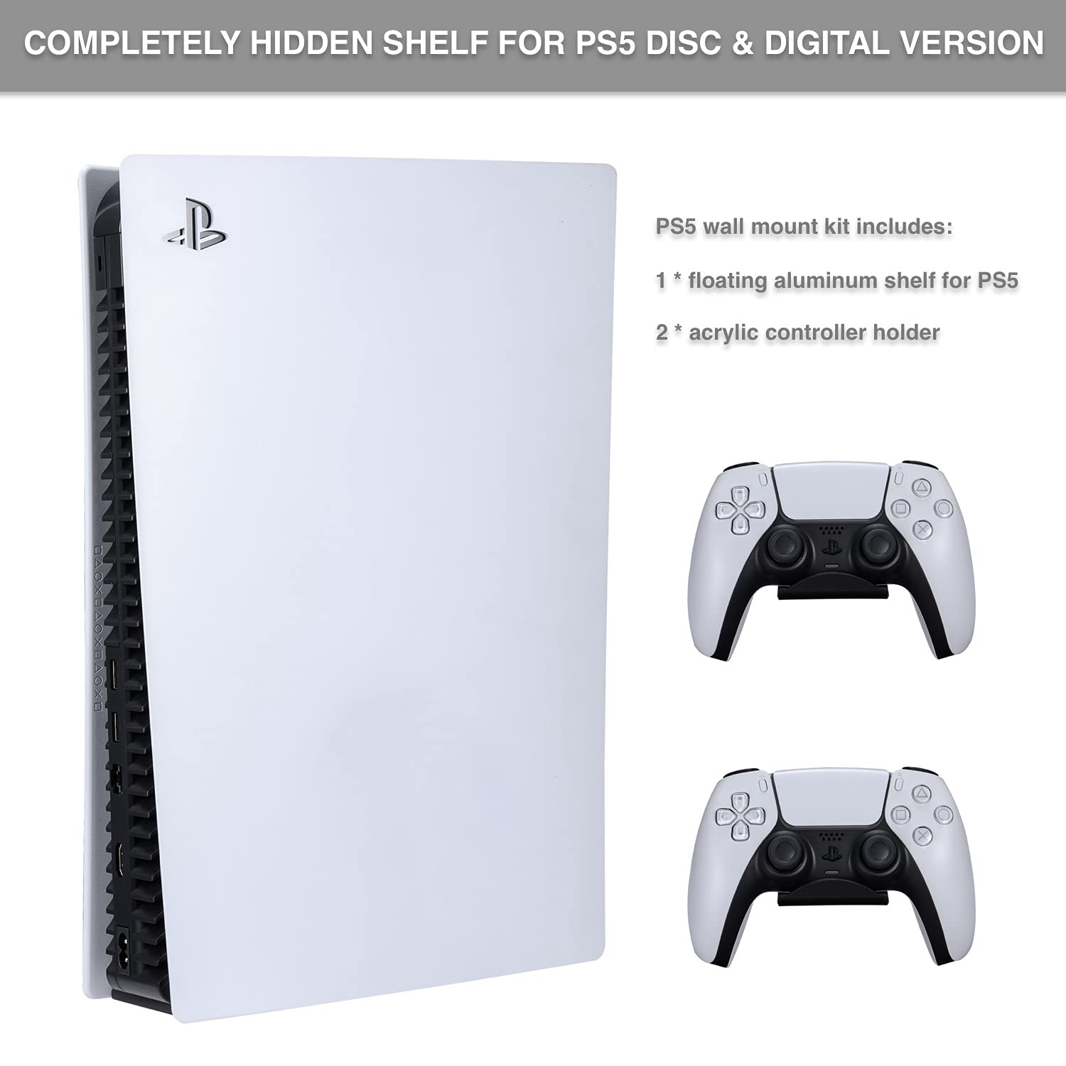 Zadii Floating Wall Mount Kit Compatible with PlayStation 5 and DualSense Controllers, Adjustable Durable Thick Aluminum Bracket Holds PS5 Disc & Digital Version – Patent Pending