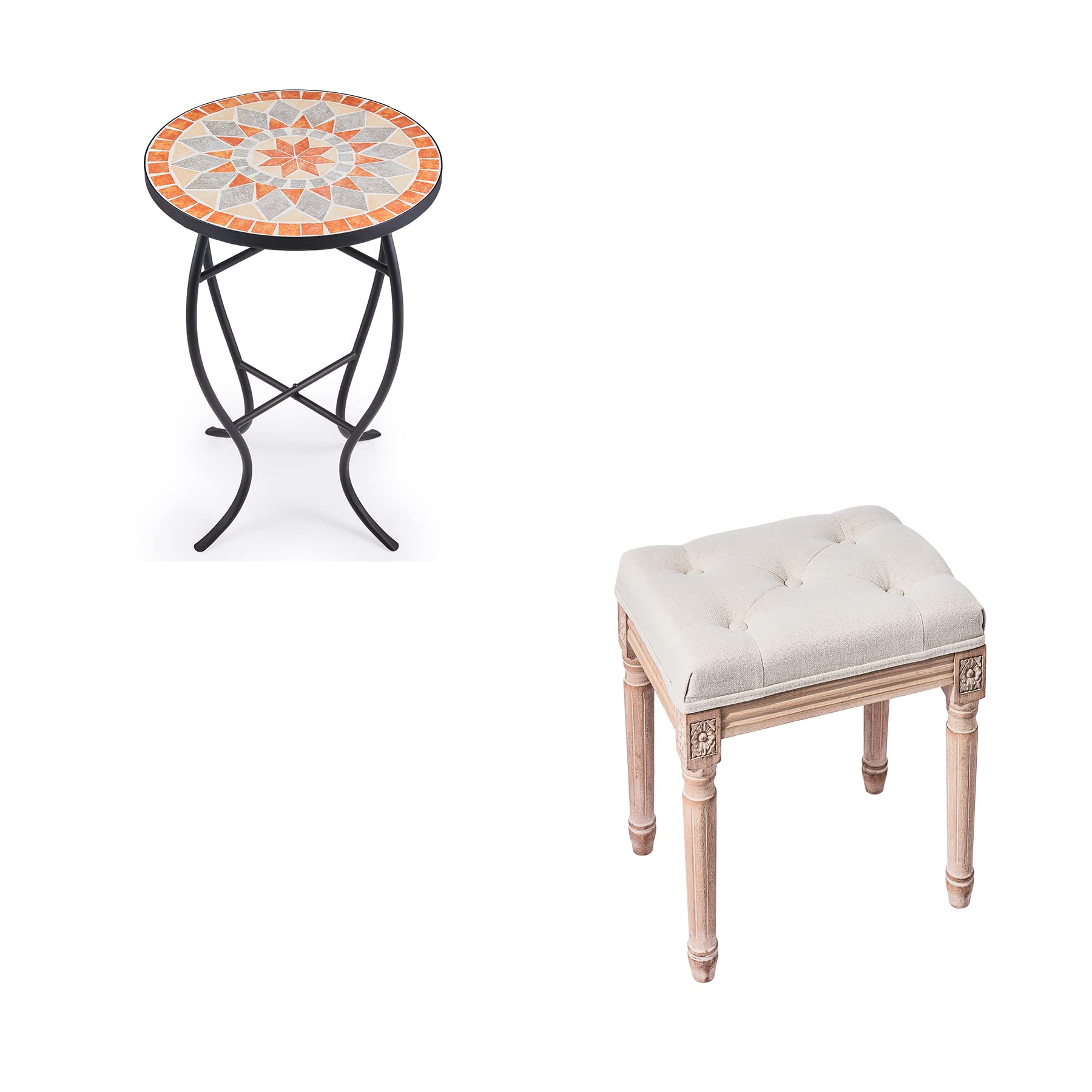 VONLUCE Mosaic Side Table and Plant Stand + French Vintage Foot Stool with Rustic Wood Legs and Padded Seat