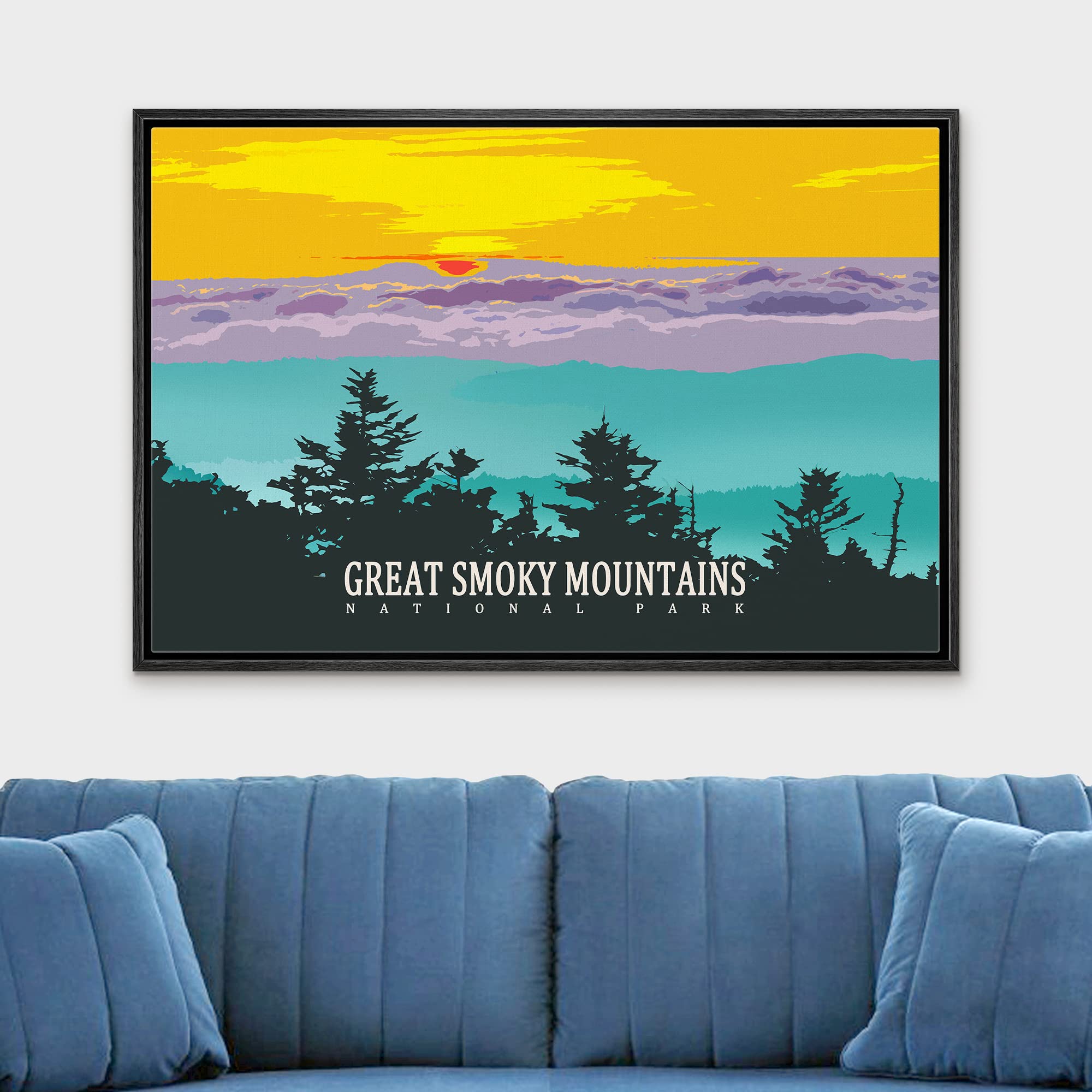 wall26 Framed Canvas Print Wall Art Great Smoky Mountains National Park Nature Wilderness Illustrations Modern Art Rustic Landscape Rustic Neon for Living Room, Bedroom, Office - 16"x24" Black