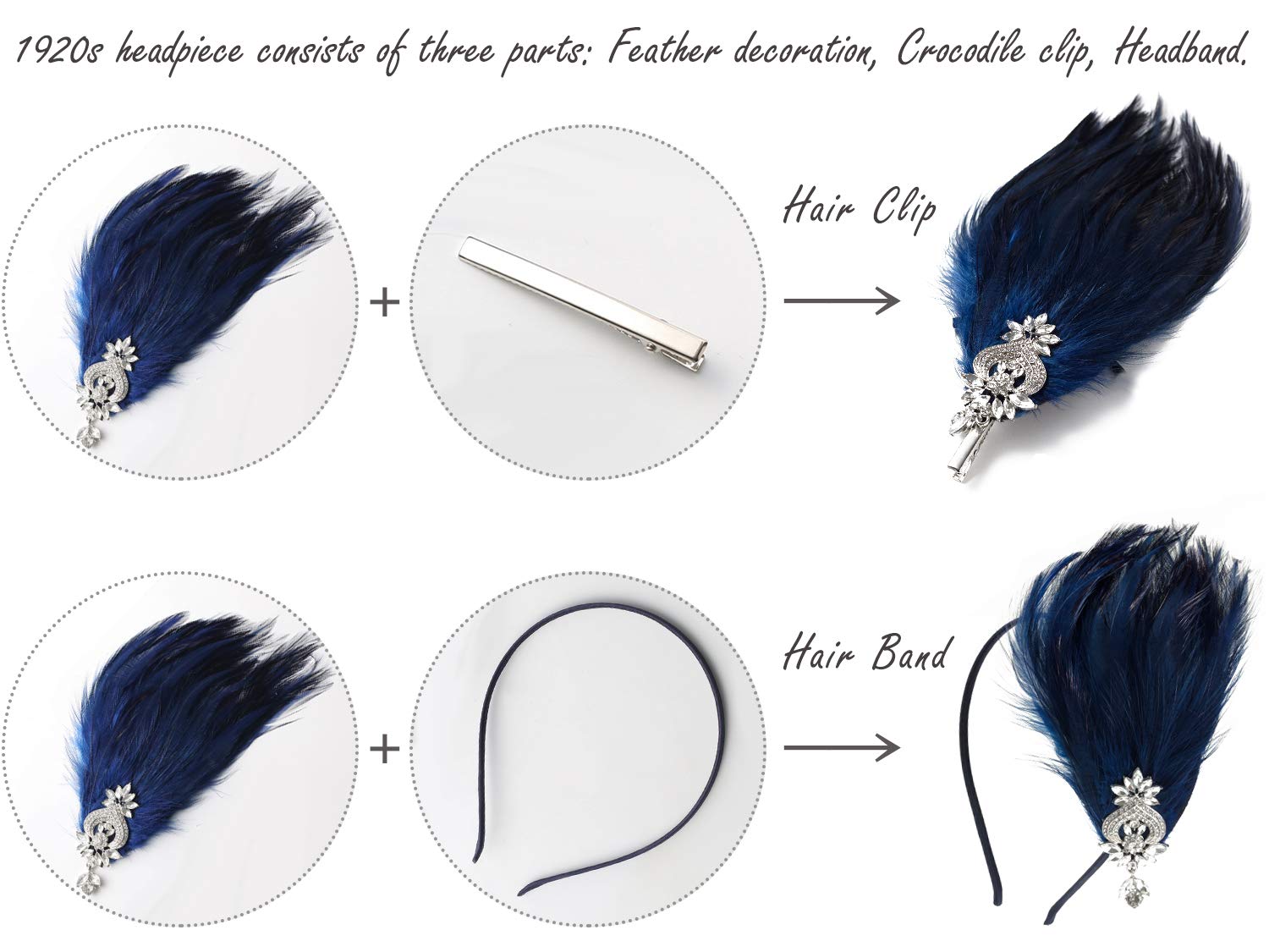 SWEETV 1920s Feather Headpiece Flapper Headband, Roaring 20s Hair Accessories Great Gatsby Hair Clip Black