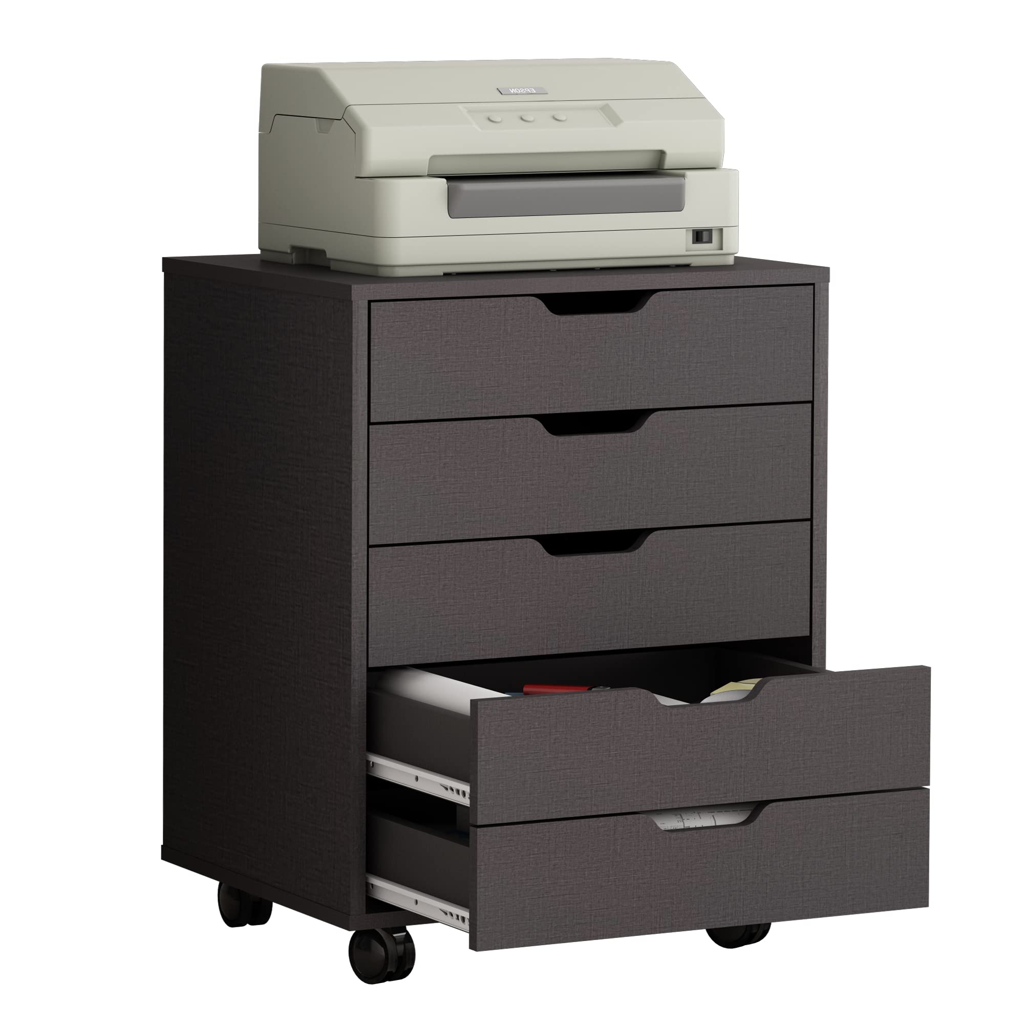 SANYOAC 5 Drawer Chest, Mobile File Cabinet with Wheels, Wood Storage Cabinets, Home Office Storage Cabinet, Mobile Lateral Printer Stand with Removable Wheels(Grey)