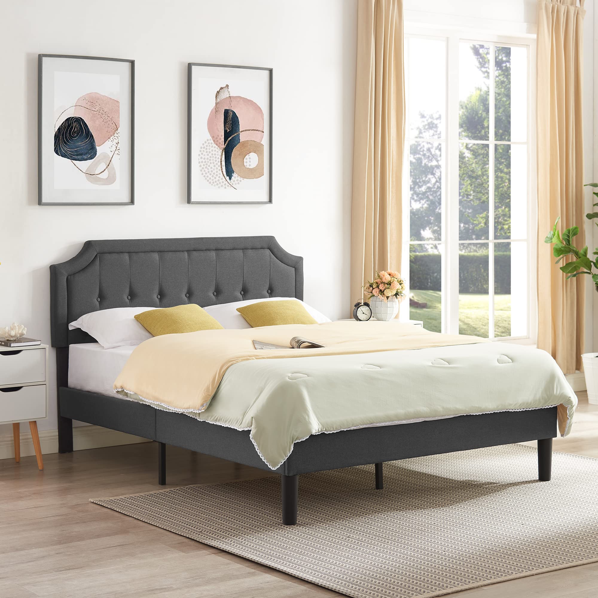VECELO Upholstered Platform Bed Frame with Adjustable Headboard, Wooden Slats Support, No Box Spring Needed, Modern Style, Full Size