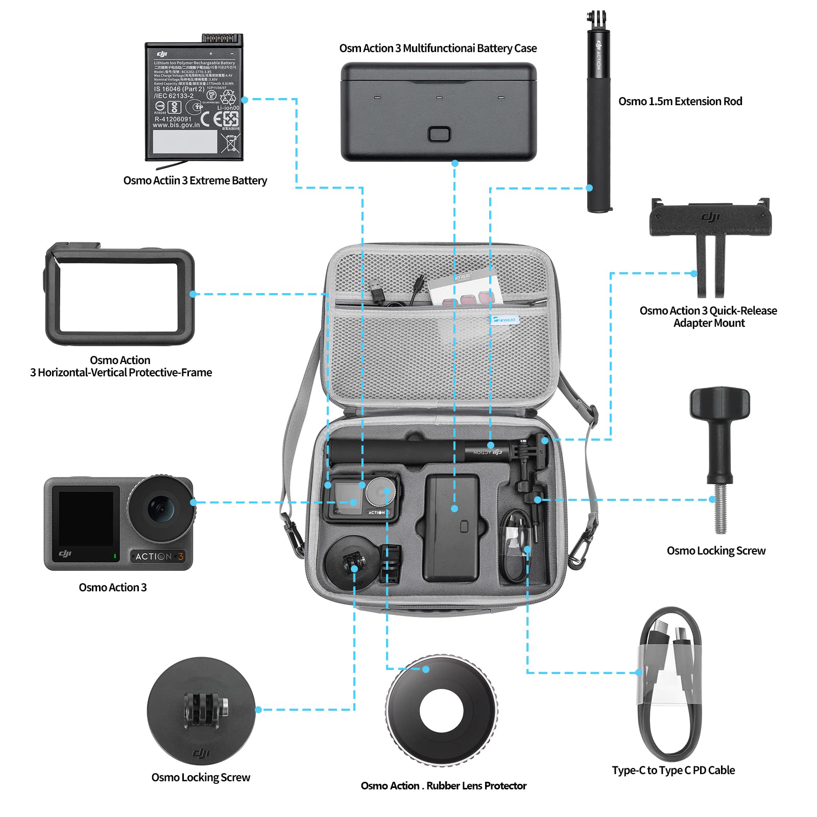 Skyreat Osmo Action 4 / Action 3 Case, Portable PU Leather Carrying Case Shoulder Bag for DJI Osmo Action 3 / Action 4 Adventure Combo Accessories