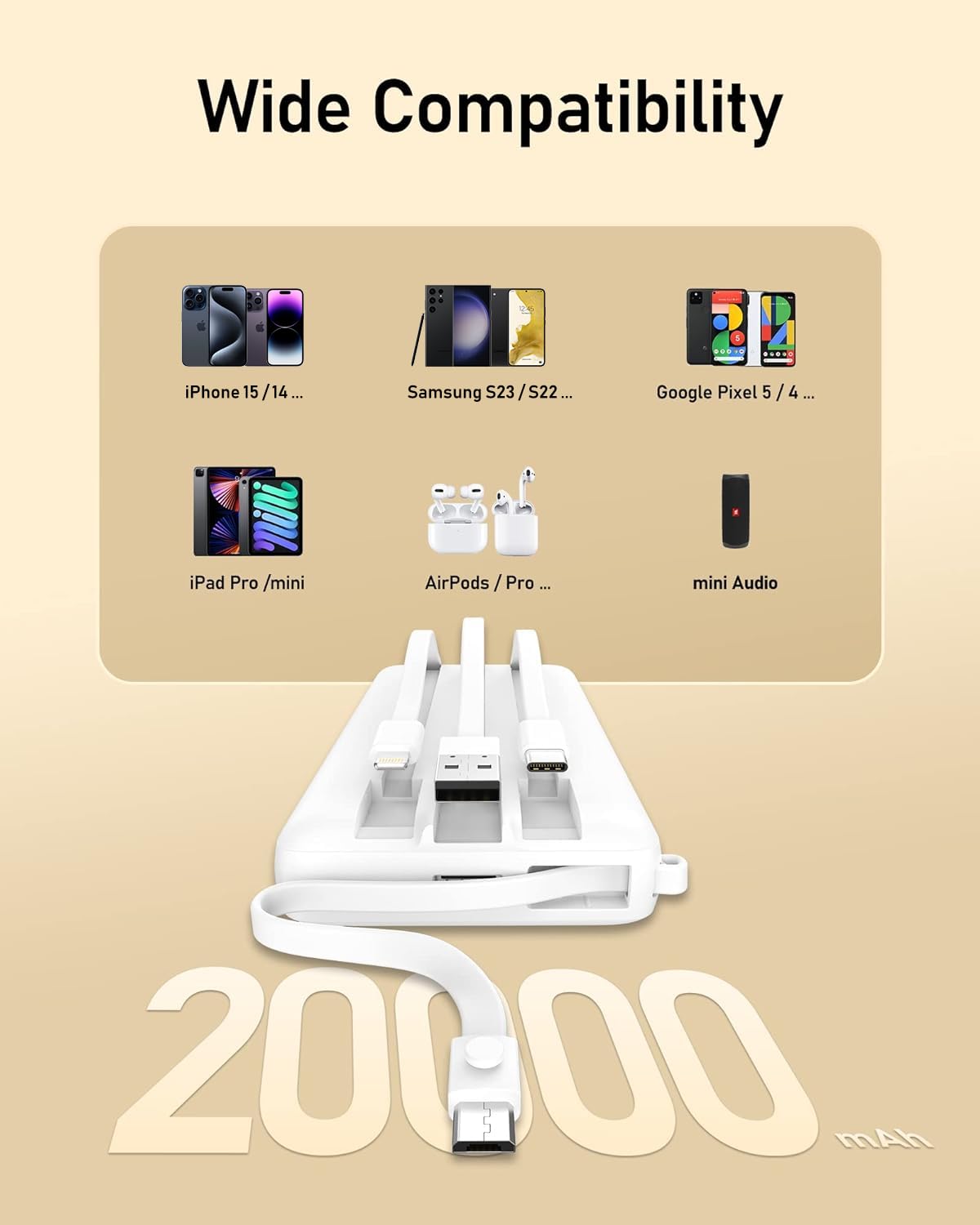 VEEKTOMX Portable Charger Built-in Cables, 20000mAh Power Bank for iPhone, USB C Fast Charge Battery Pack, Travel Essentials Backup Battery Bank, Compatible with iPhone 15/14, Samsung, Andriod, Etc