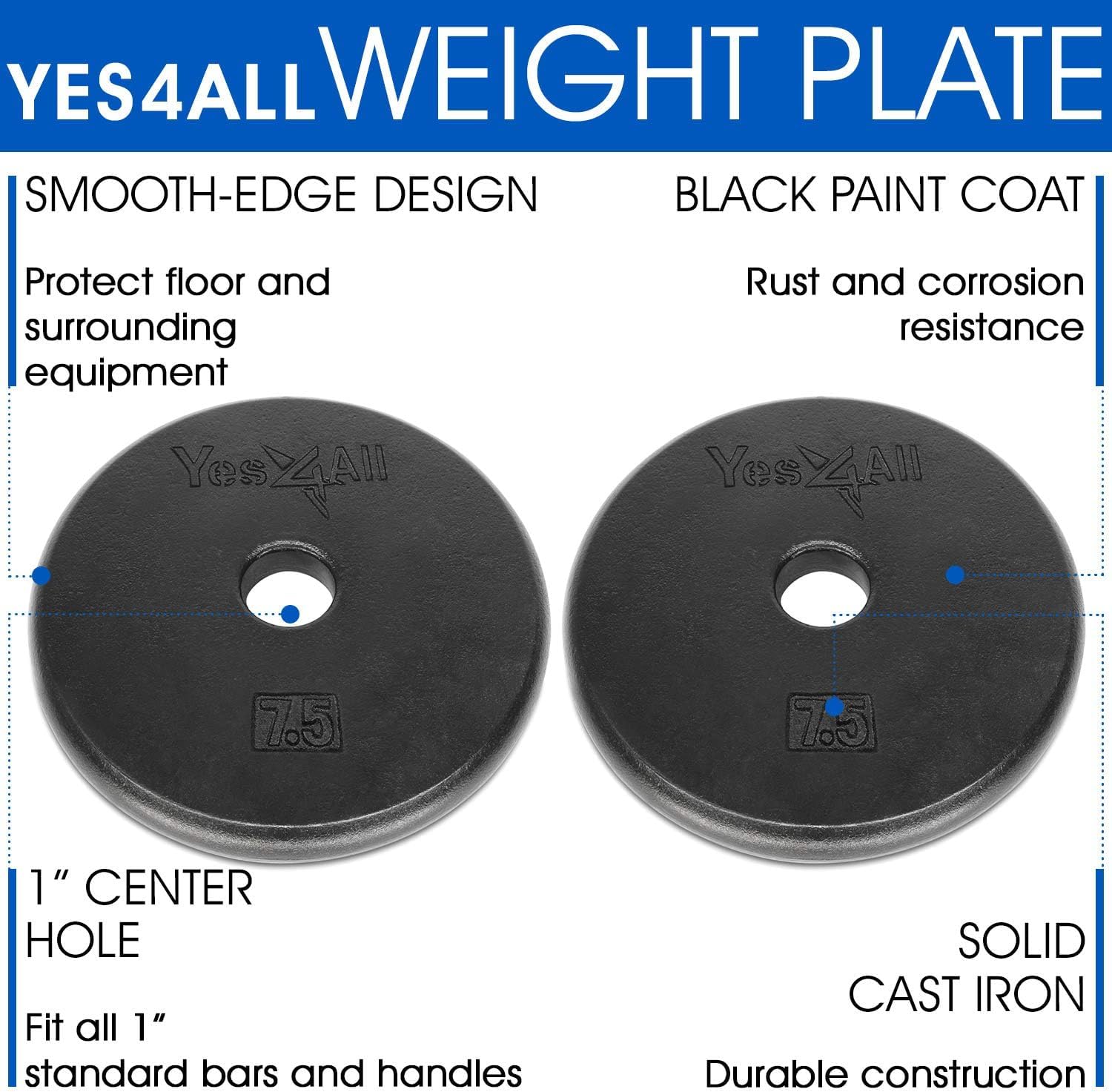 Yes4All 1-inch Cast Iron Weight Plates for Dumbbells β Standard Weight Disc Plates, 7.5 Pound (Pack of 2)
