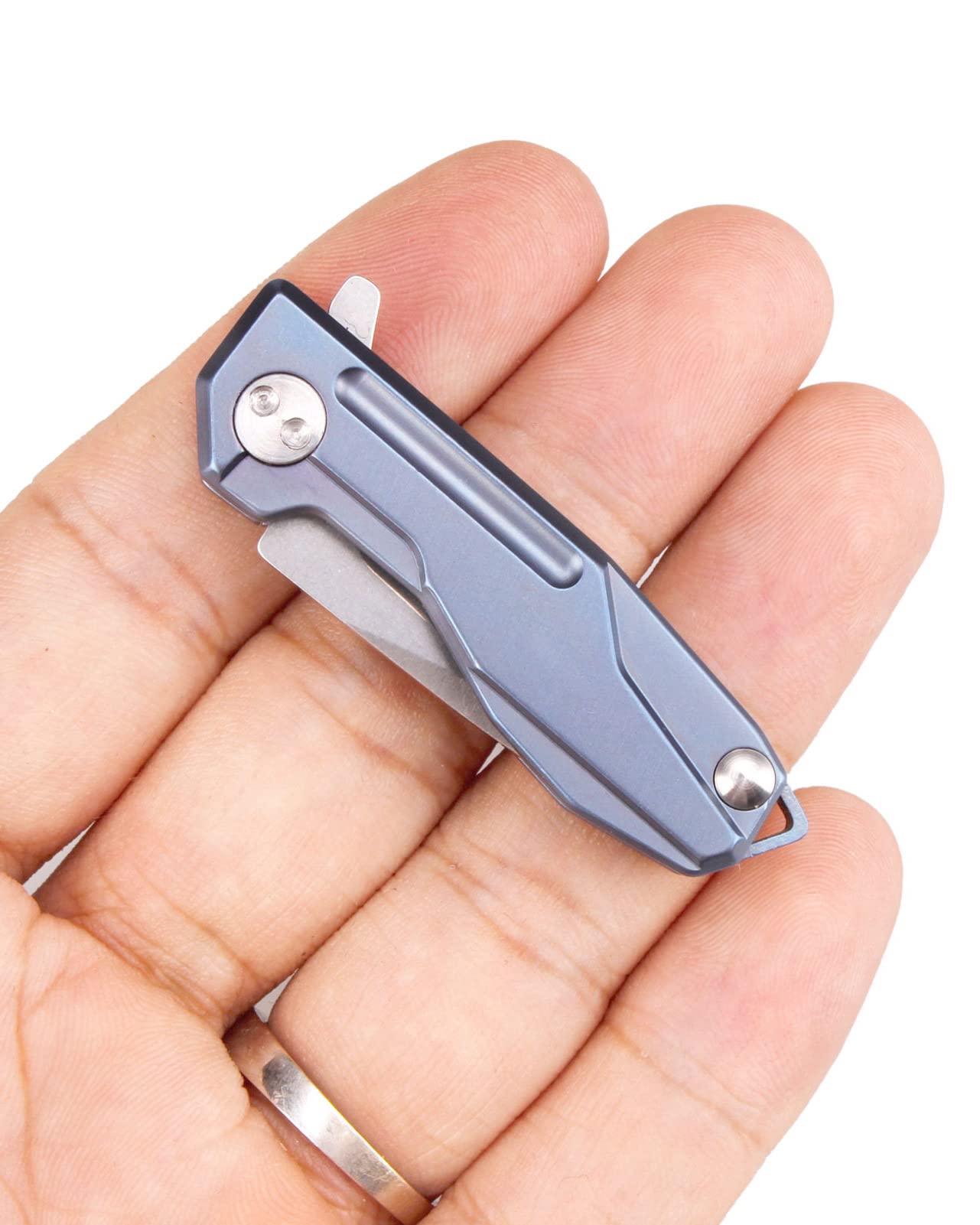 Samior HY002 Ultra Small Little Folding Pocket Flipper Knife, 1.3β D2 Damascus Blade, Blue Titanium Handle with Frame Lock, Mini EDC Keychain Necklace Knives (Blue)