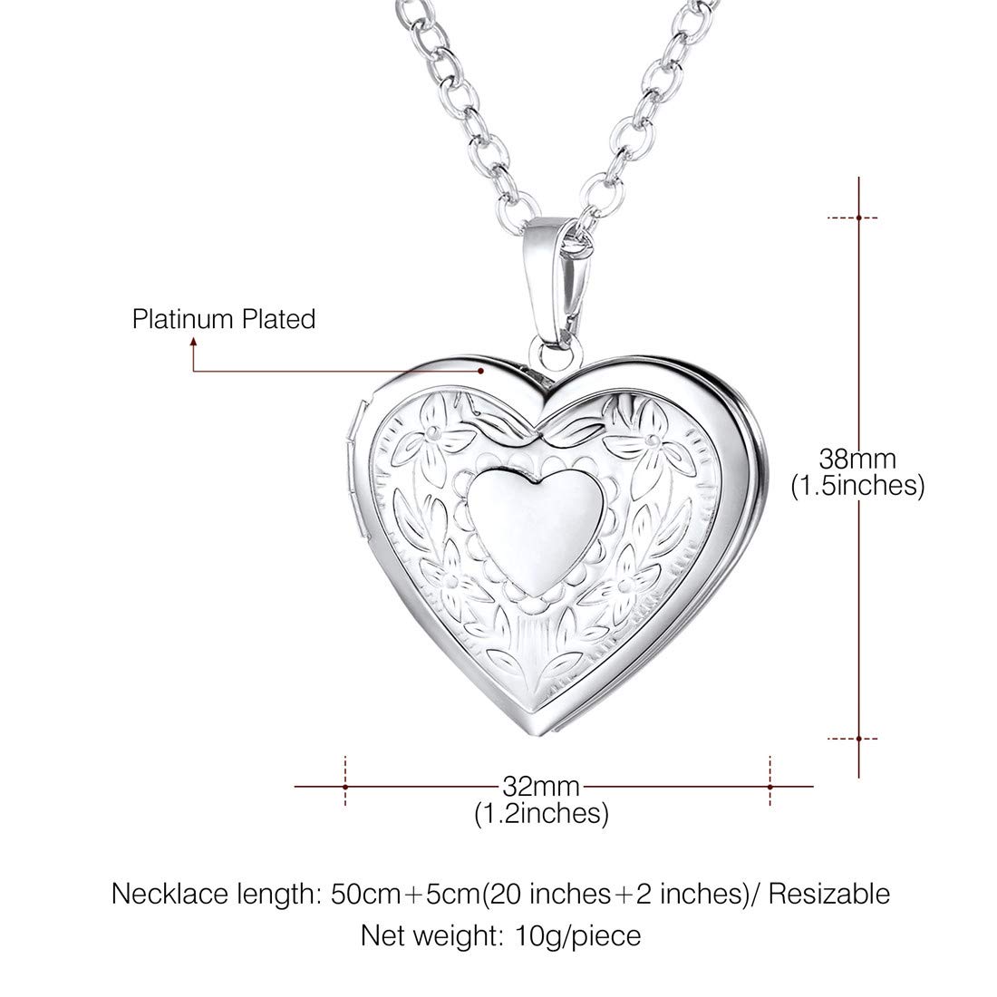 U7 Women Flower Heart Locket That Hold Memorial Photo Platinum Plated Jewelry Rolo Chain Customized Photo and Text Engrave Lockets Pendant