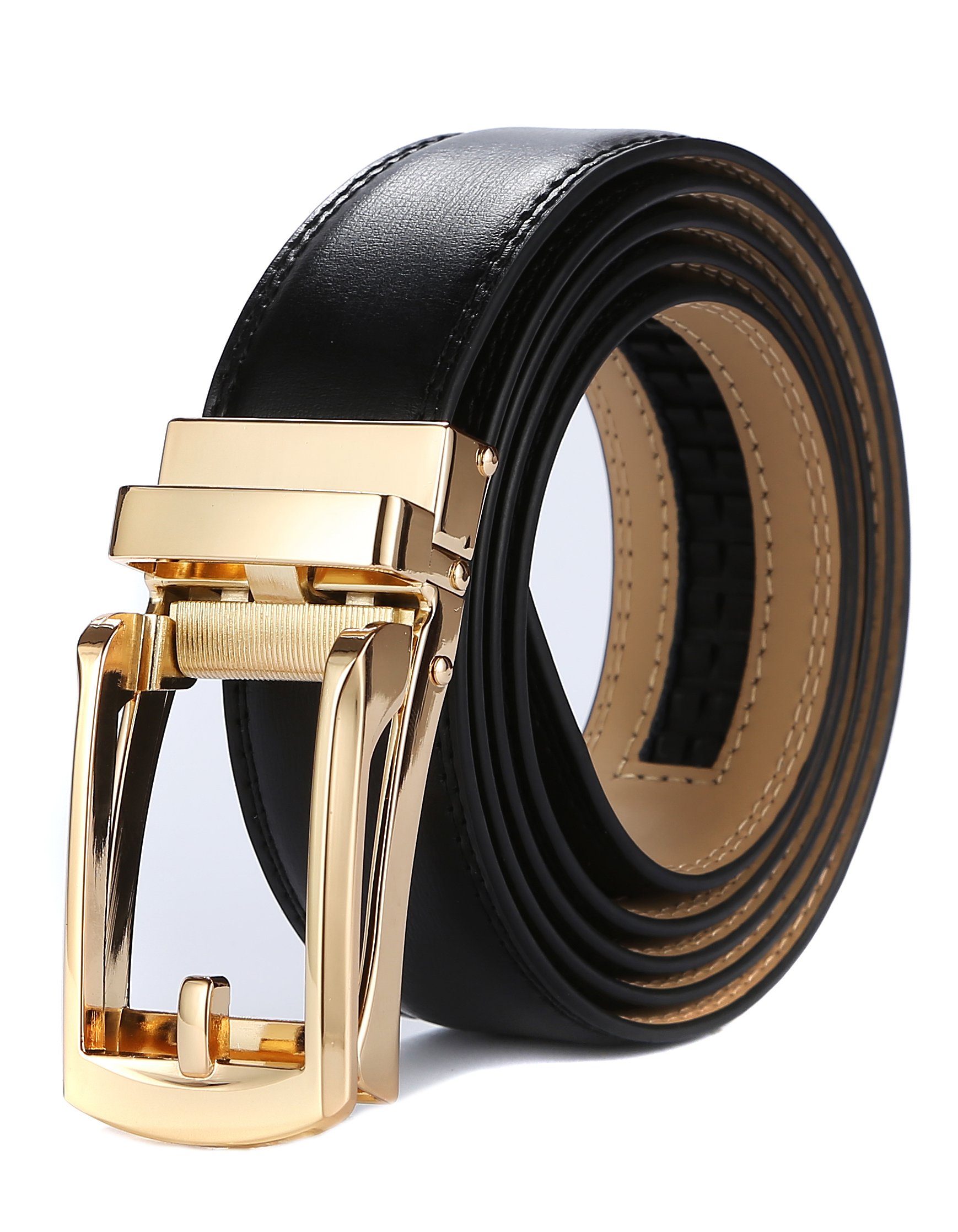Tonywell Mens Leather Ratchet Belts with Open Buckle Perfect Fit Dress Belt 30mm Wide (One Size:32"-45" Waist, Black Leather & Gold Metal Buckle)
