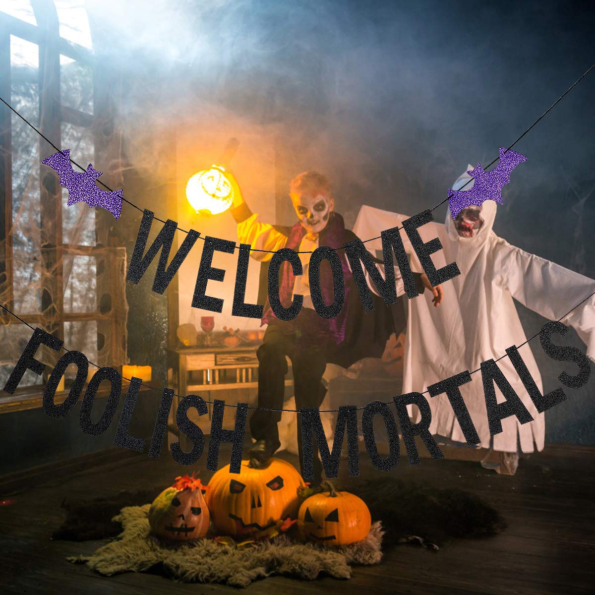 Welcome Foolish Mortals Banner Black Glitter, Haunted Mansion Halloween Decorations, Welcome Foolish Mortals Sign for Indoor Laundry Room Farm Bar Home Wall Decor