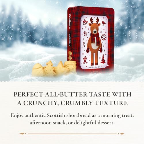 Walker’s Assorted Shortbread Cookies in Festive Shapes - Reindeer Shortbread Cookie Tin (8.8 oz) - Includes Christmas Tree, Bell, Star and Santa Claus Shaped Christmas Cookies in Tin