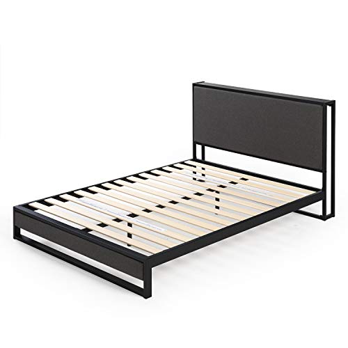 ZINUS Christina Upholstered Platform Bed Frame with Black Headboard Shelf / No Box Spring Needed / Wood Slat Support / Easy Assembly, Queen