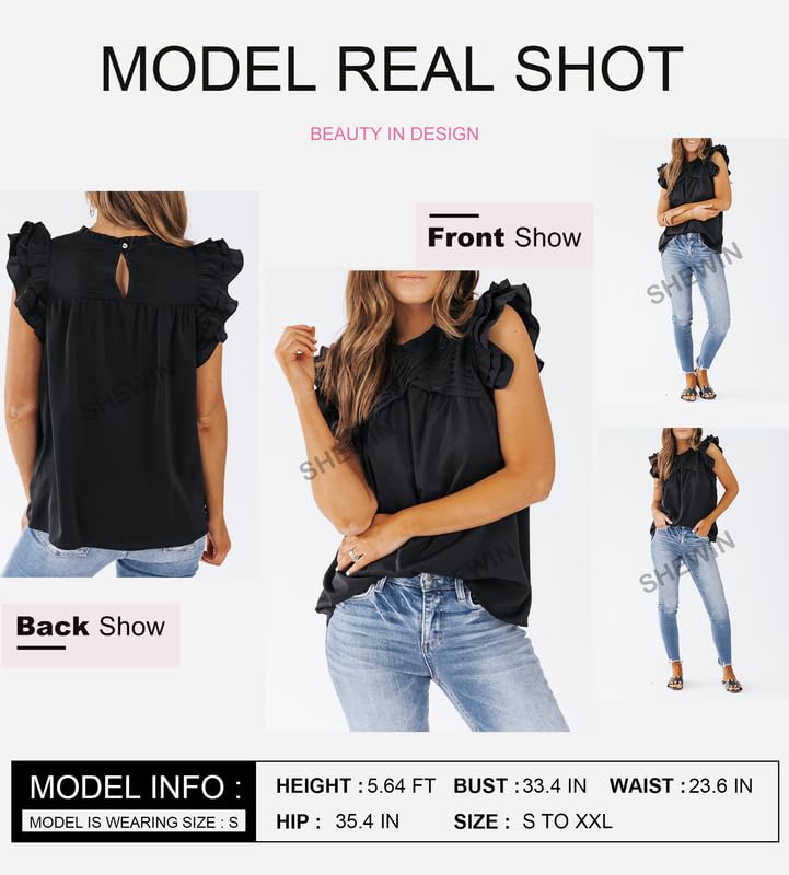 SHEWIN Womens Tank Tops Summer Ruffle Sleeveless Cute Shirts 2023 Trendy Casual Work Shirts,US 4-6(S),Black