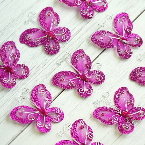 TABLECLOTHSFACTORY 12 Pack Fushia 2" Crystal Studded Organza Butterflies for Wedding Decorations