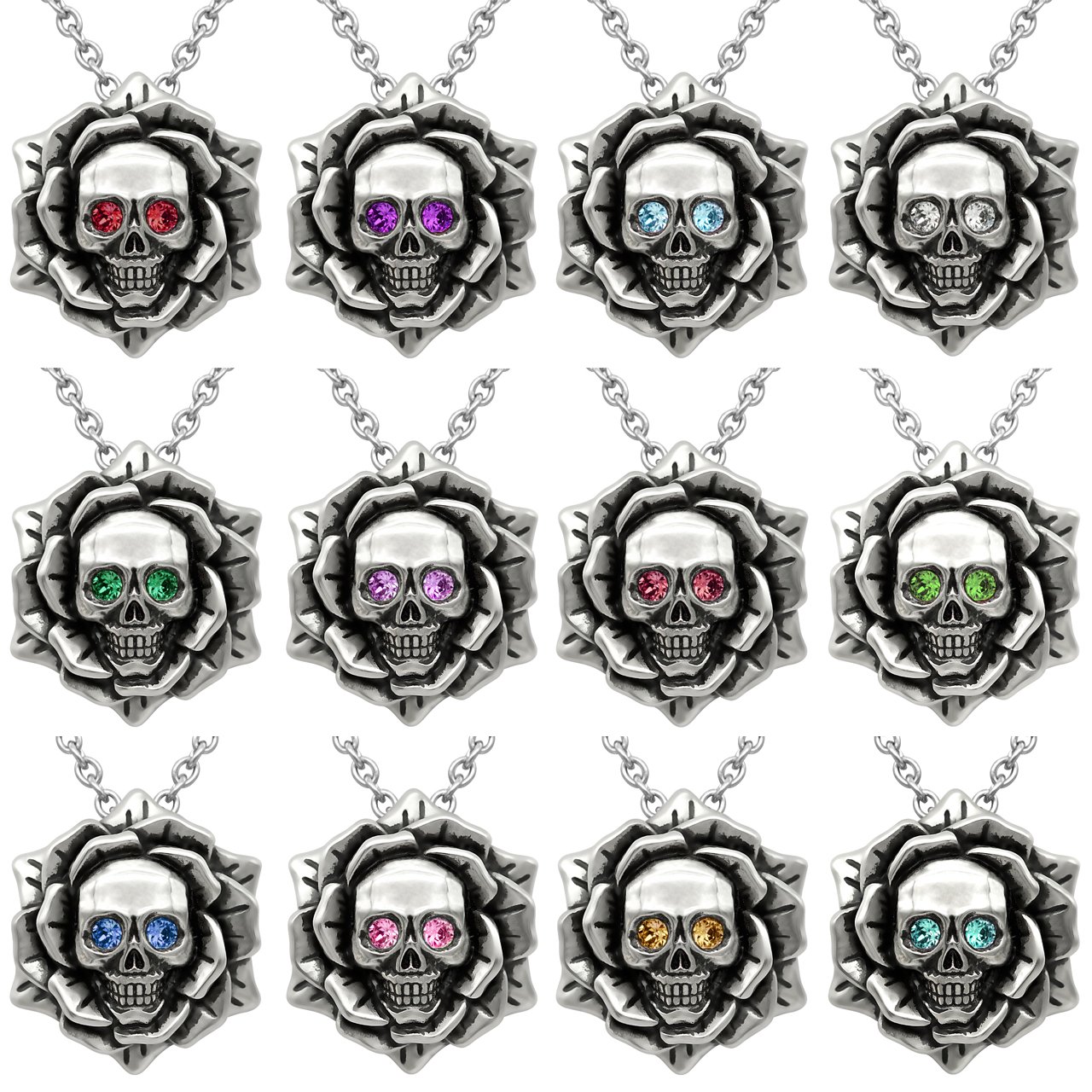 Skull Rose Birthstone Necklace With Crystal 17" - 19" Adjustable Chain (03-March β Blue)