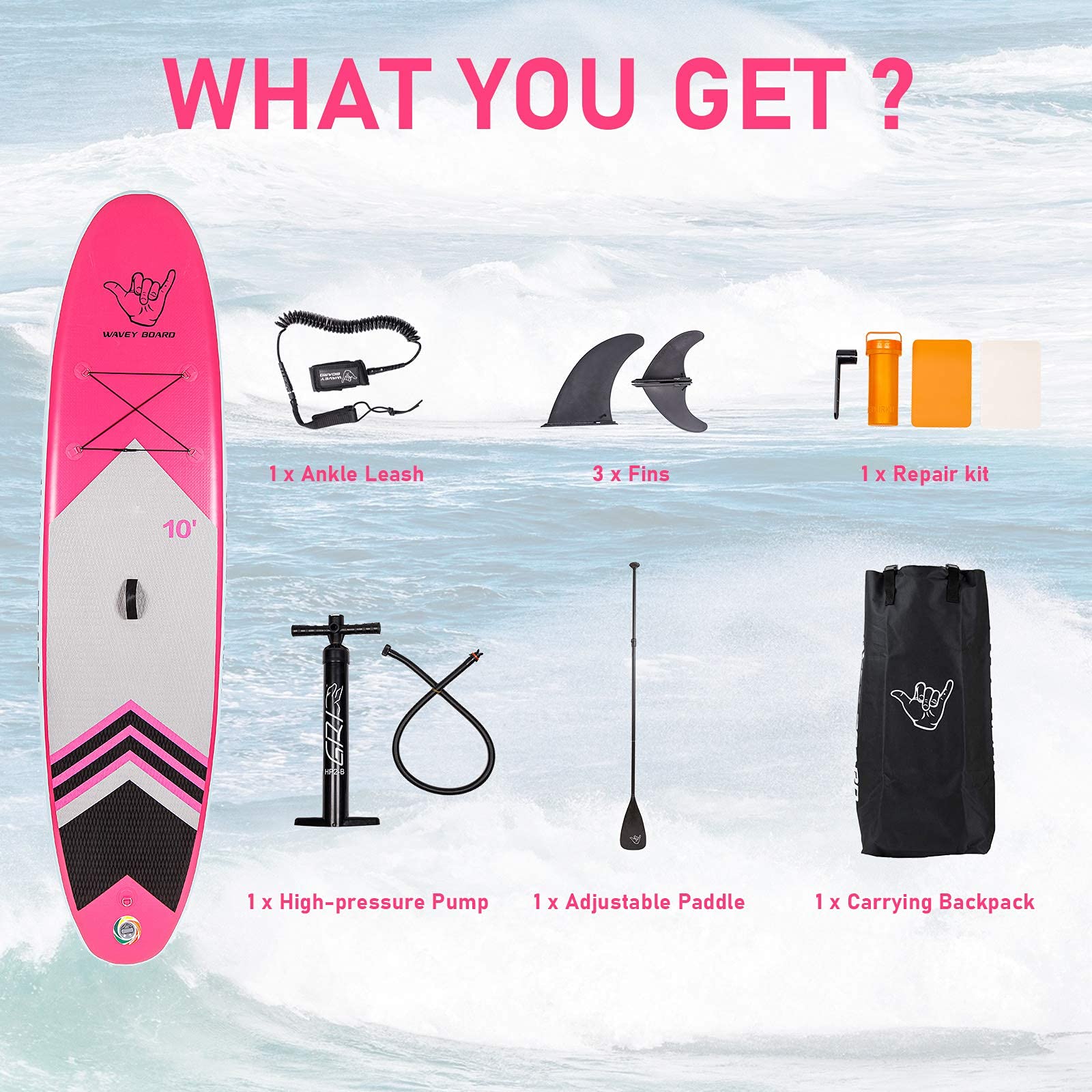 WAVEY BOARD Inflatable 10' Stand Up Paddle Board for Adult Premium SUP Blow up Paddle Board for Youth Kids (6" Thick) with ISUP Accessories Backpack Bag, Pump, Adjustable Paddle, Pink