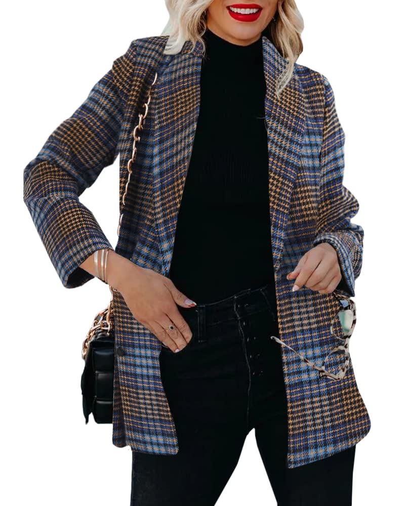Taodou Women's Casual Blazers Woolen Plaid Blazer Lapel Long Sleeve Button Pocket Jackets Coat Blue